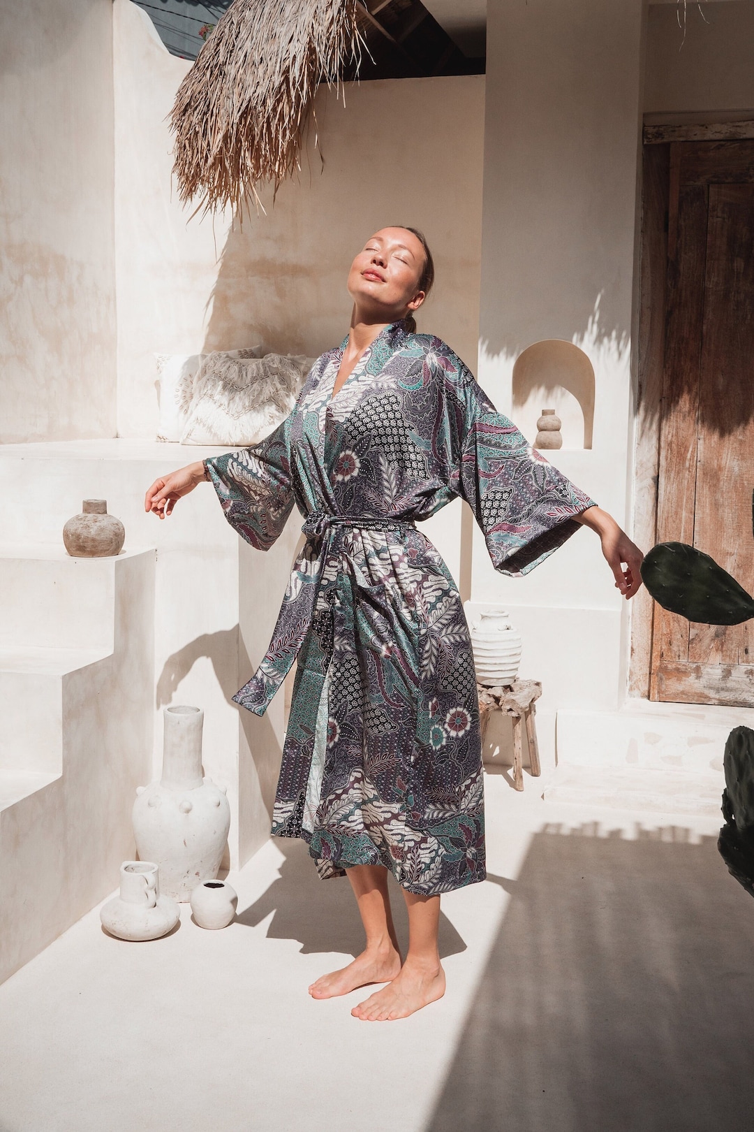 Silk Blend Kimono Robe, Long Satin Robe, Bali Kimono Robe, Indonesian ...