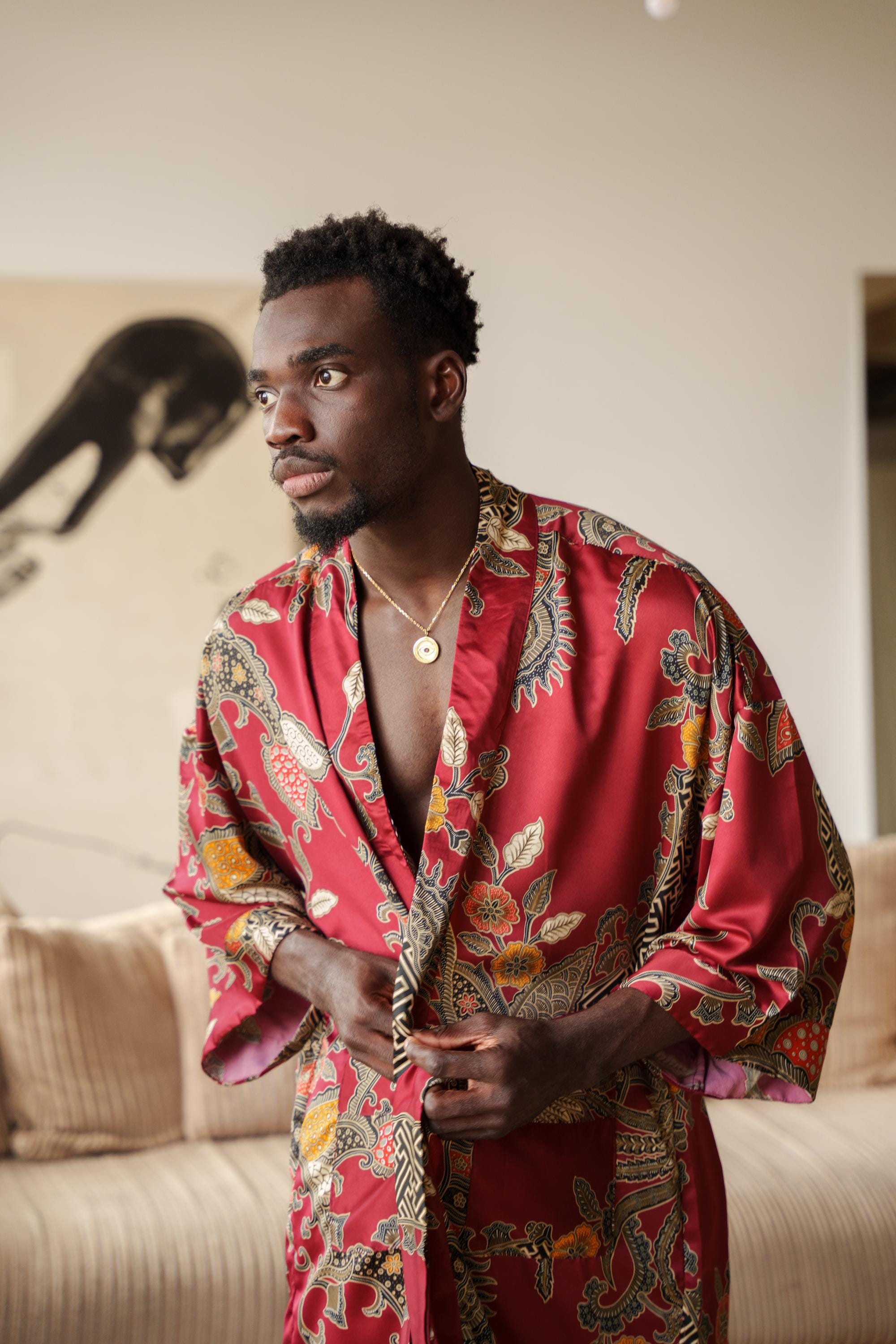 Cherry Red Silk Blend Kimono Robe for Men, Long Satin Dressing Gown ...