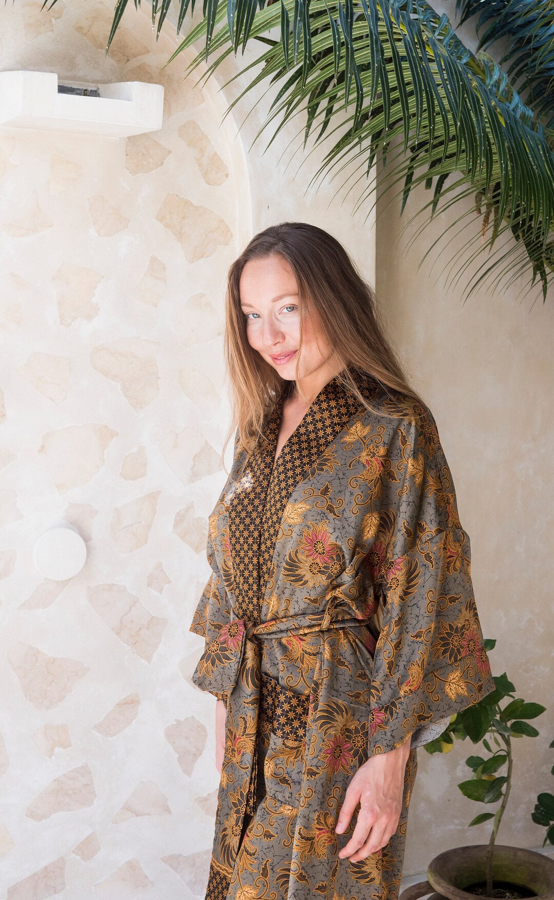Long Satin Kimono Robe With Pockets, Gray Silk Bathrobe, Plus Size Robe ...