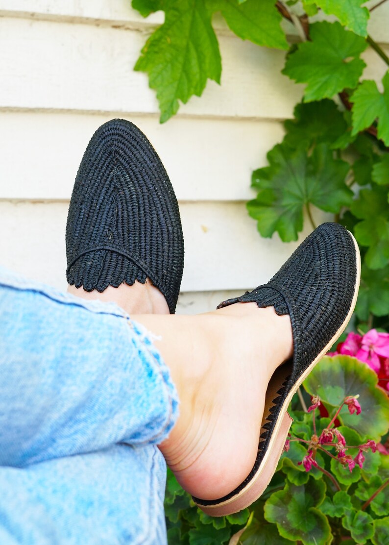 Black Raffia Sandals / Raffia Shoes / Raffia Slides / Moroccan - Etsy