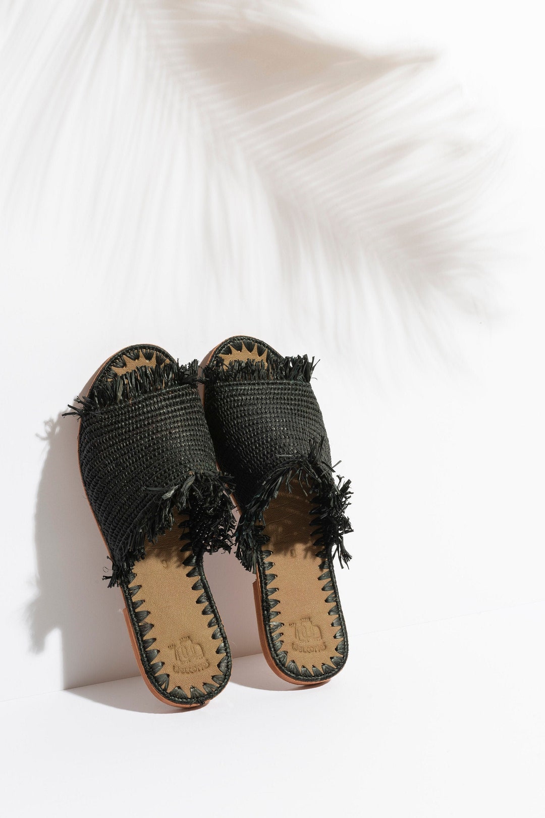 Black Fringed Raffia Shoes / Raffia Slippers / Raffia Sandals / Raffia ...