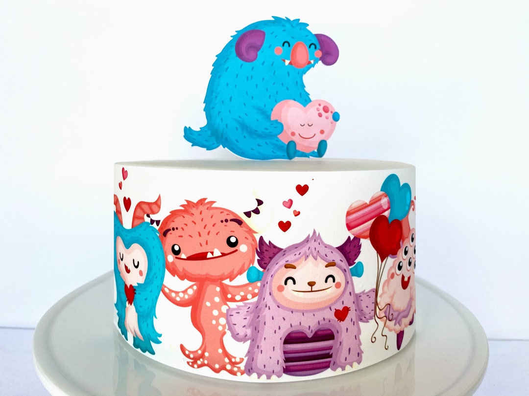Lovable Valentines Monsters Edible Cake Wrap or Monster Hug Cake Topper ...