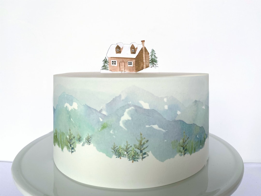 Snowy Mountain Landscape Edible Cake Wrap or Winter Cabin Cake Topper ...