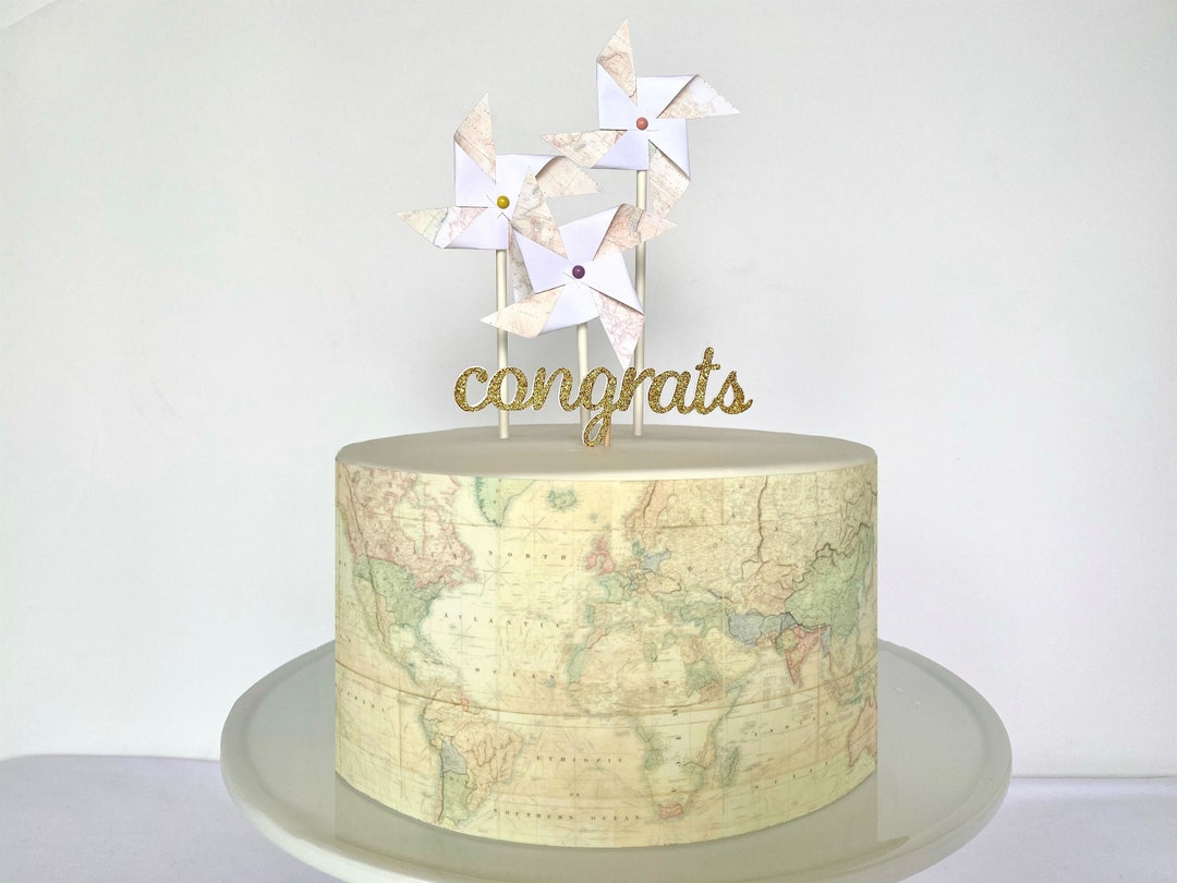 Vintage World Map Edible Cake Wrap or Pinwheel and Congrats Cake ...