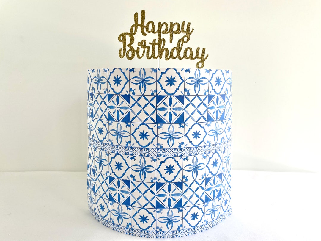 Mediterranean Blue Tile Edible Cake Wrap or Gold Happy Birthday Cake ...
