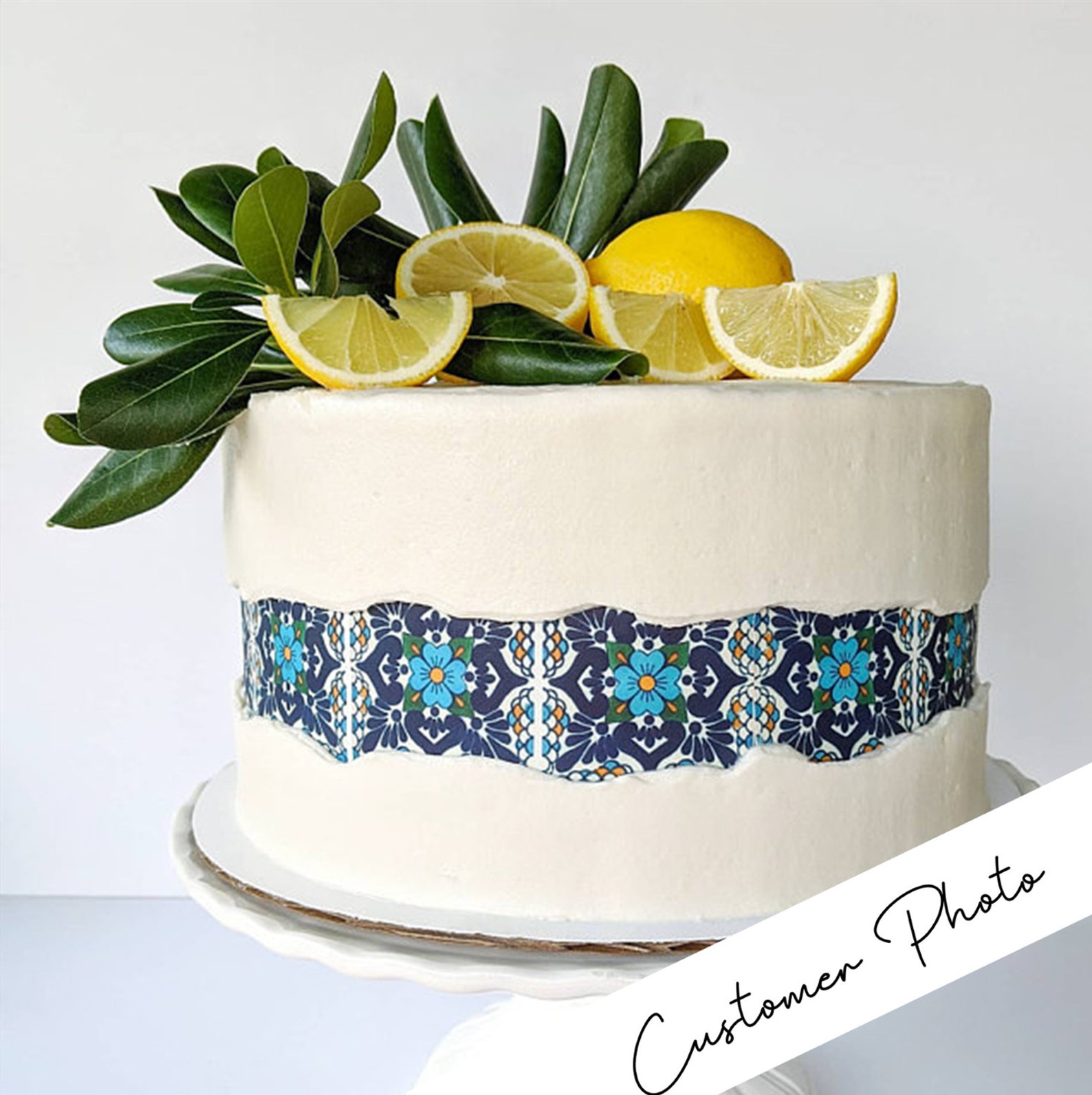 Talavera Tile Edible Cake Wrap Blue or Gold Happy Birthday | Etsy