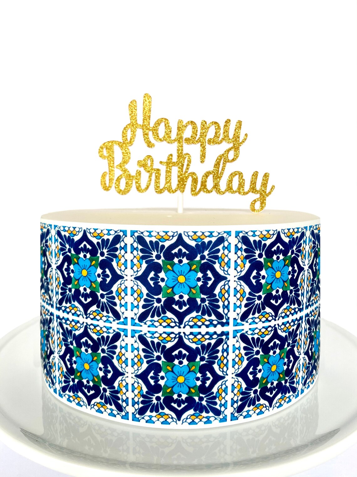 Talavera Tile Edible Cake Wrap Blue or Gold Happy Birthday | Etsy