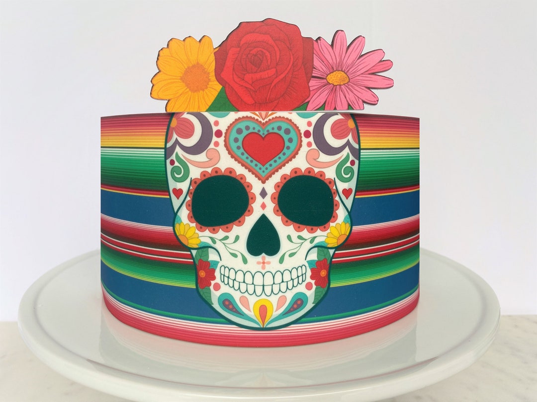 Mexican Serape Day of the Dead Edible Cake Wrap or Flower Crown Cake ...