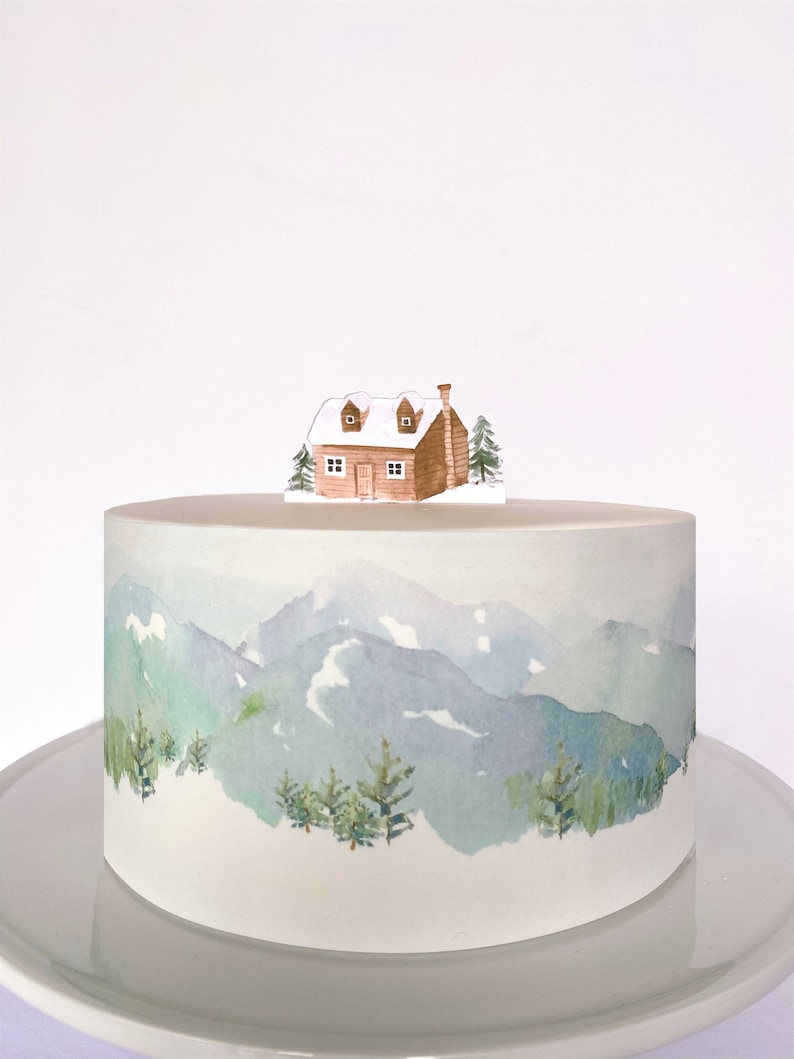 Snowy Mountain Landscape Edible Cake Wrap or Winter Cabin Cake - Etsy