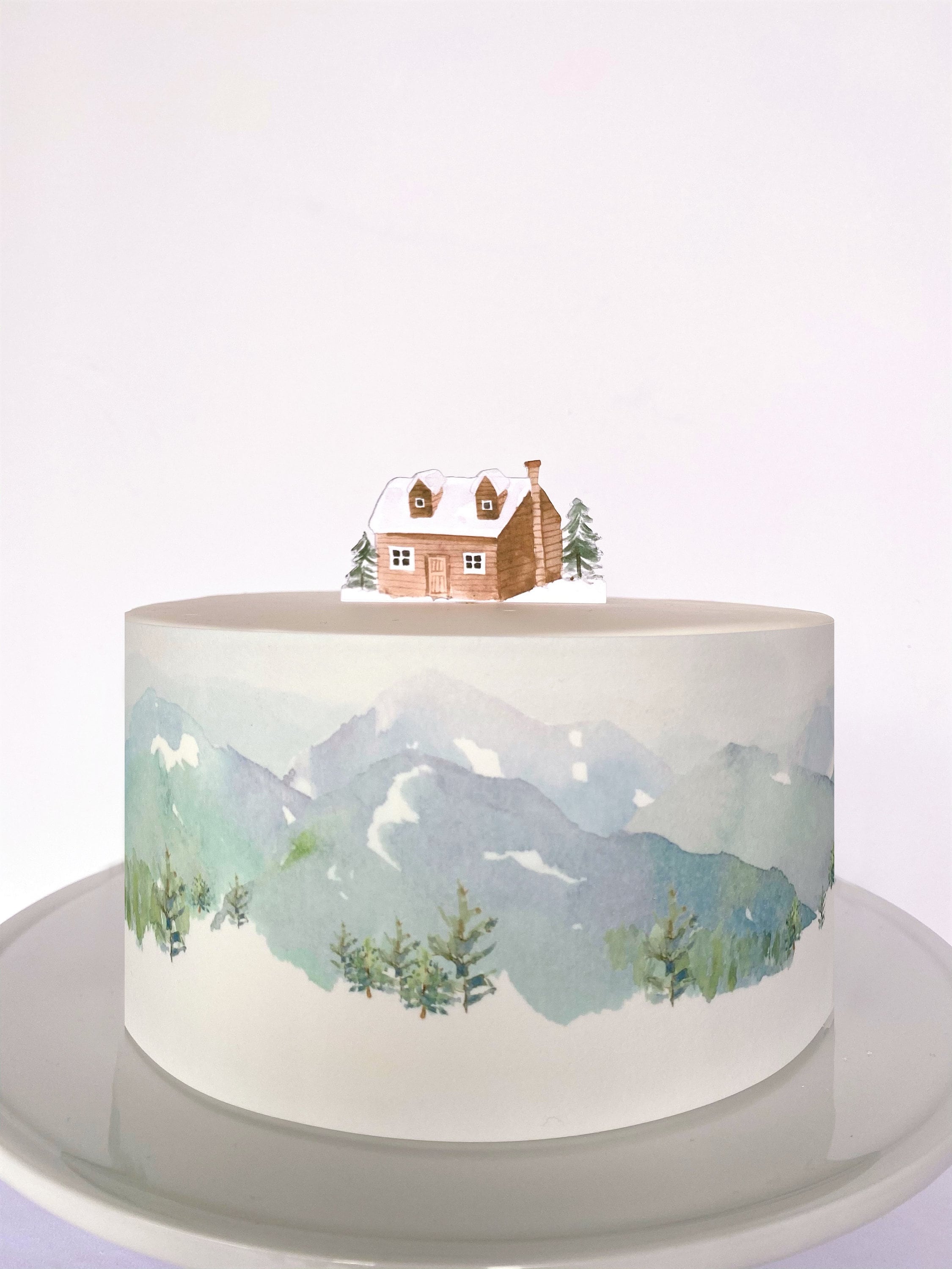 Snowy Mountain Landscape Edible Cake Wrap or Winter Cabin Cake Topper ...