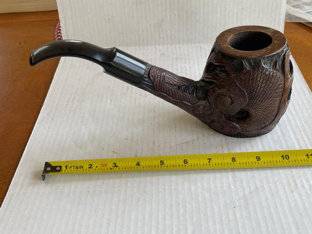 Vintage LARGE Tobacco Pipe: Hand Carved Dragon Art Wood 10 1/2 Long Adv ...