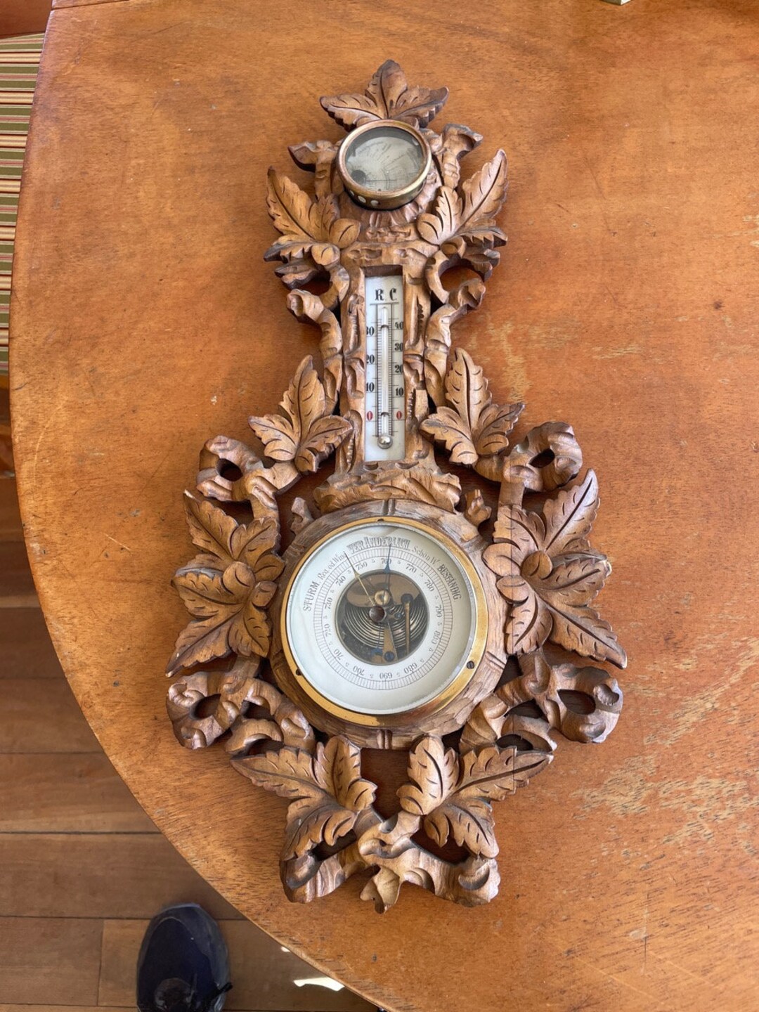 Beautiful Antique German Hand Carved Wood Barometer Thermometer ...