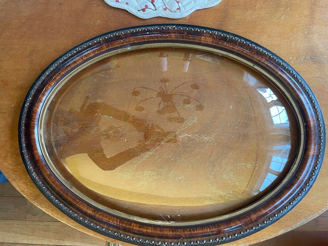 Antique 23x17 Oval Tiger Stripe Wood Picture Frame Convex Bubble Glass ...