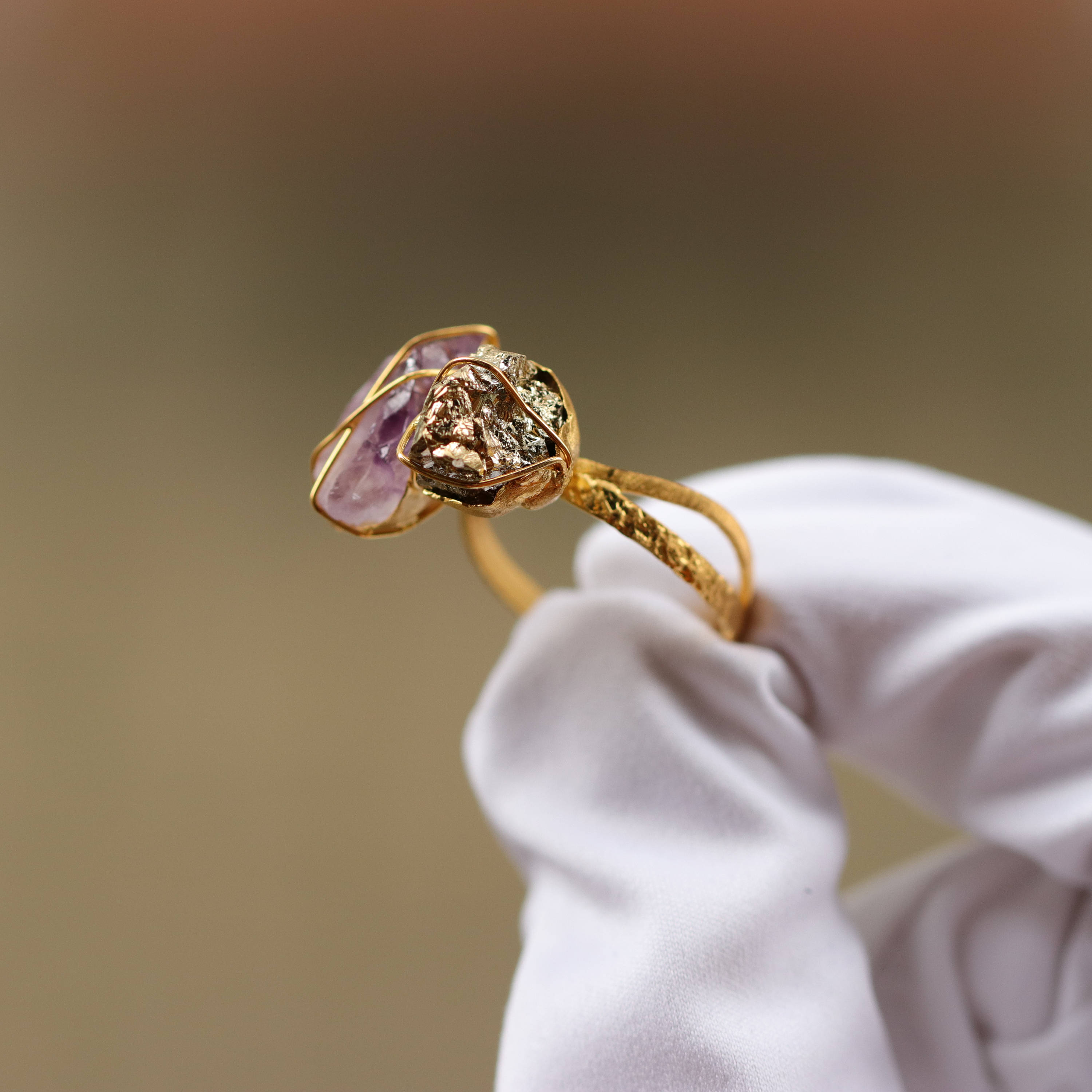 Handmade Gold Ring 14k, With Raw Stones, Amethyst and Pyrite ...