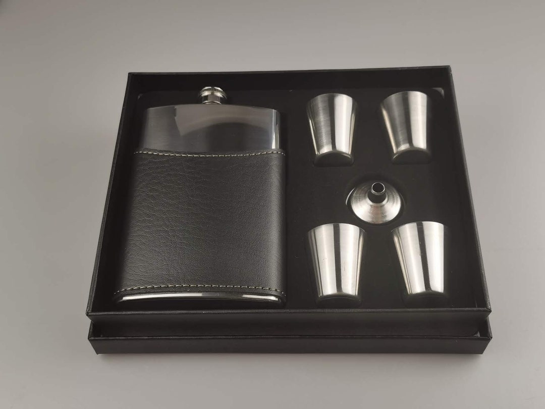 Personalized Elite Flask Sets, Stainless Steel Flask, Black Leather ...