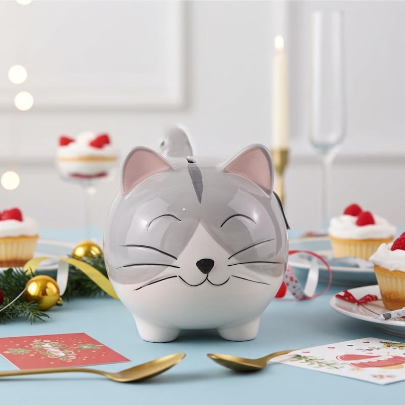 No Extra Duty, Custom Grey Cat Piggy Bank, Engraved Kitty Money Bank ...