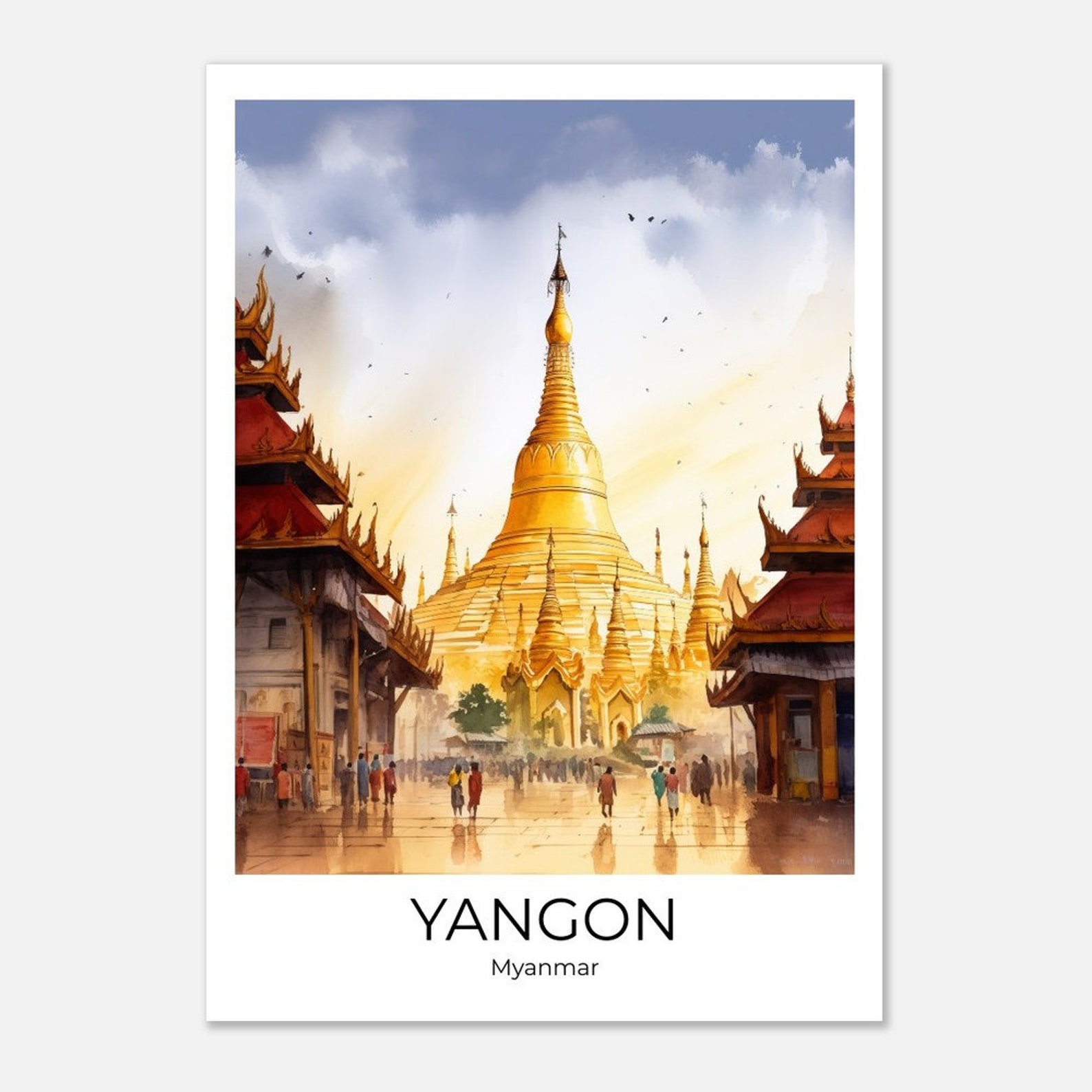 Swedagon Pagoda Yangon - Watercolor Travel Poster - Myanmar Wall Art ...