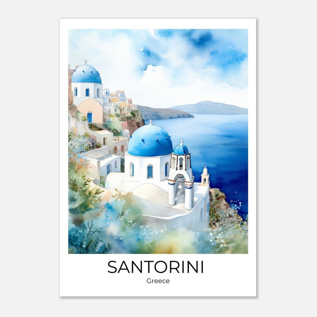 Santorini Ora Travel Poster Watercolor Travel Print Wall Art Fineart ...