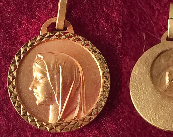 Vintage French Virgin Mary Gold Metal Religous Medal Mary Lourdes