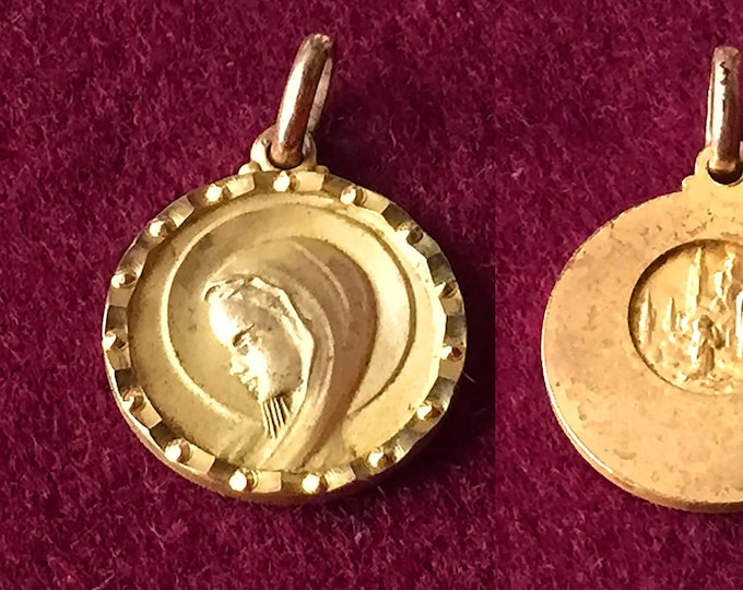 Vintage French Virgin Mary Gold Metal Religous Medal Mary Lourdes