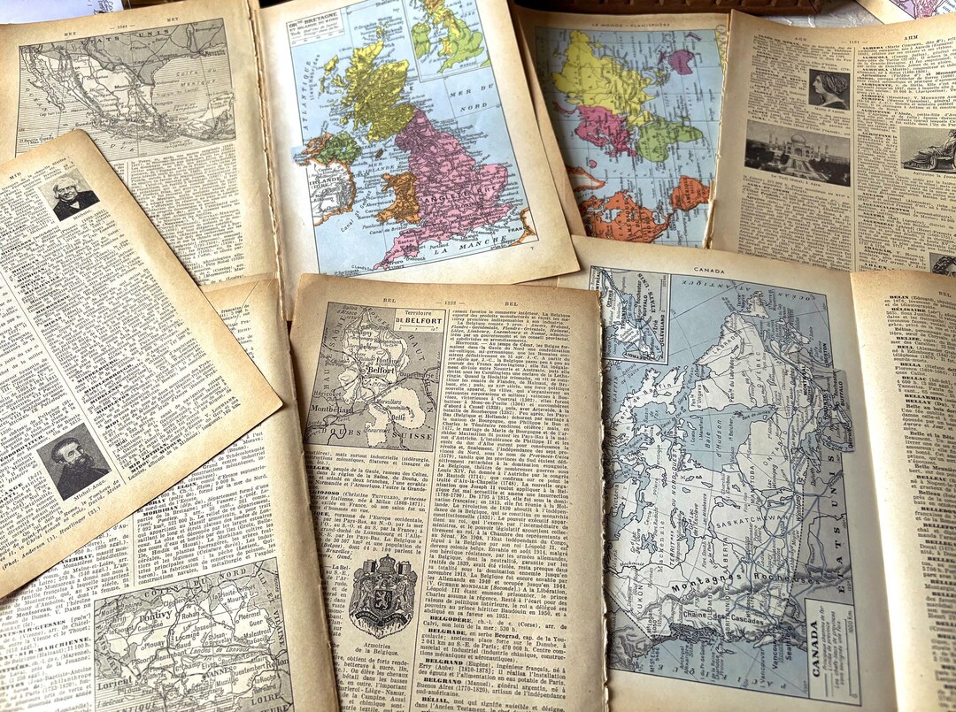 Antique French Dictionary Pages W Maps, Old Authentic Book Pages ...
