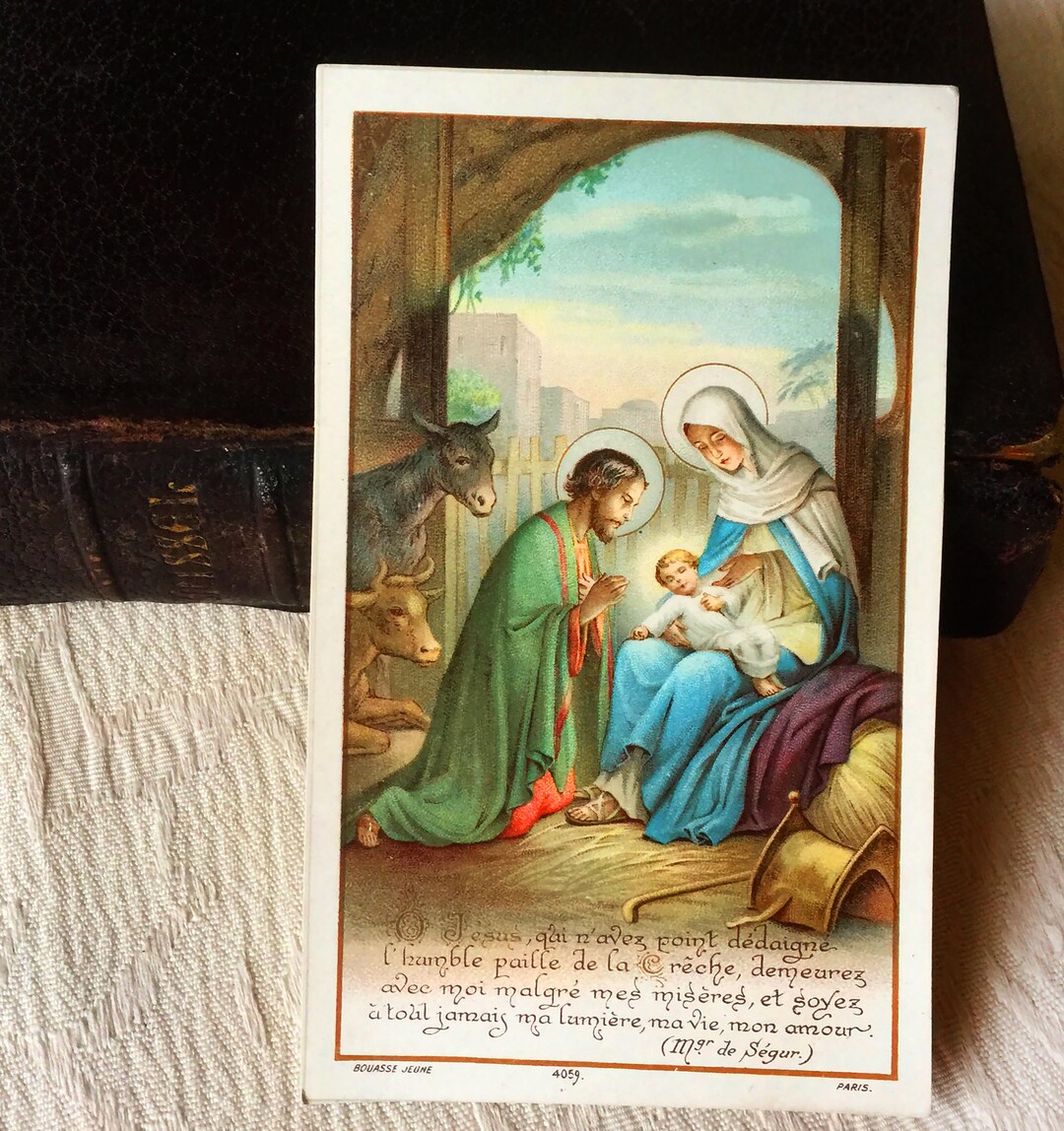 Antique French Nativity Holy Card, Jesus Mary Joseph Religious Card ...