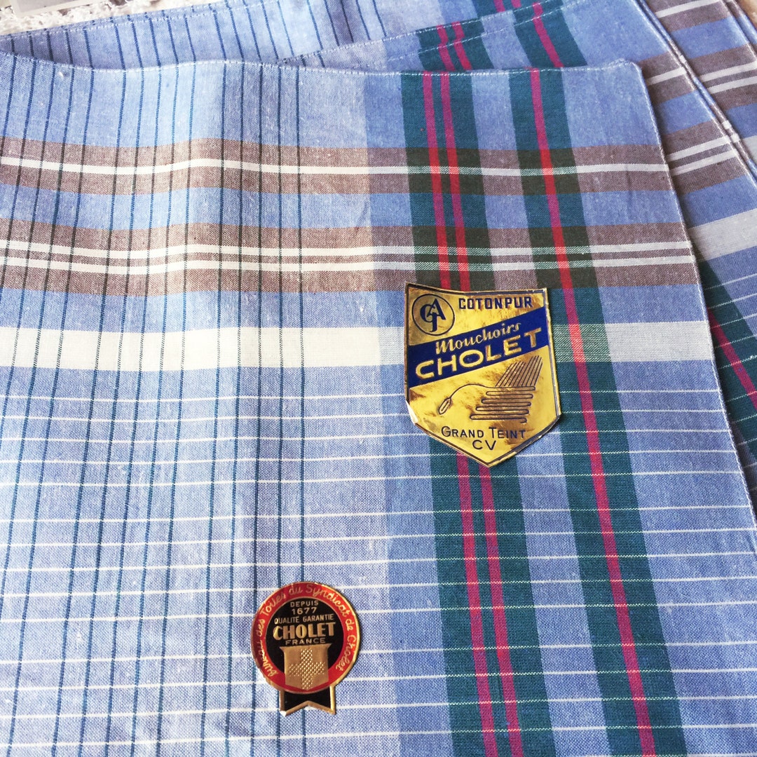 2 Vintage Plaid Handkerchiefs for Men, Blue Check Handkerchiefs, Pure ...