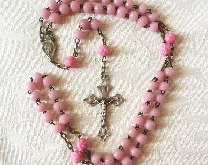 Vintage French Virgin Mary Pink Catholic Rosary With Carved Rose Beads ...