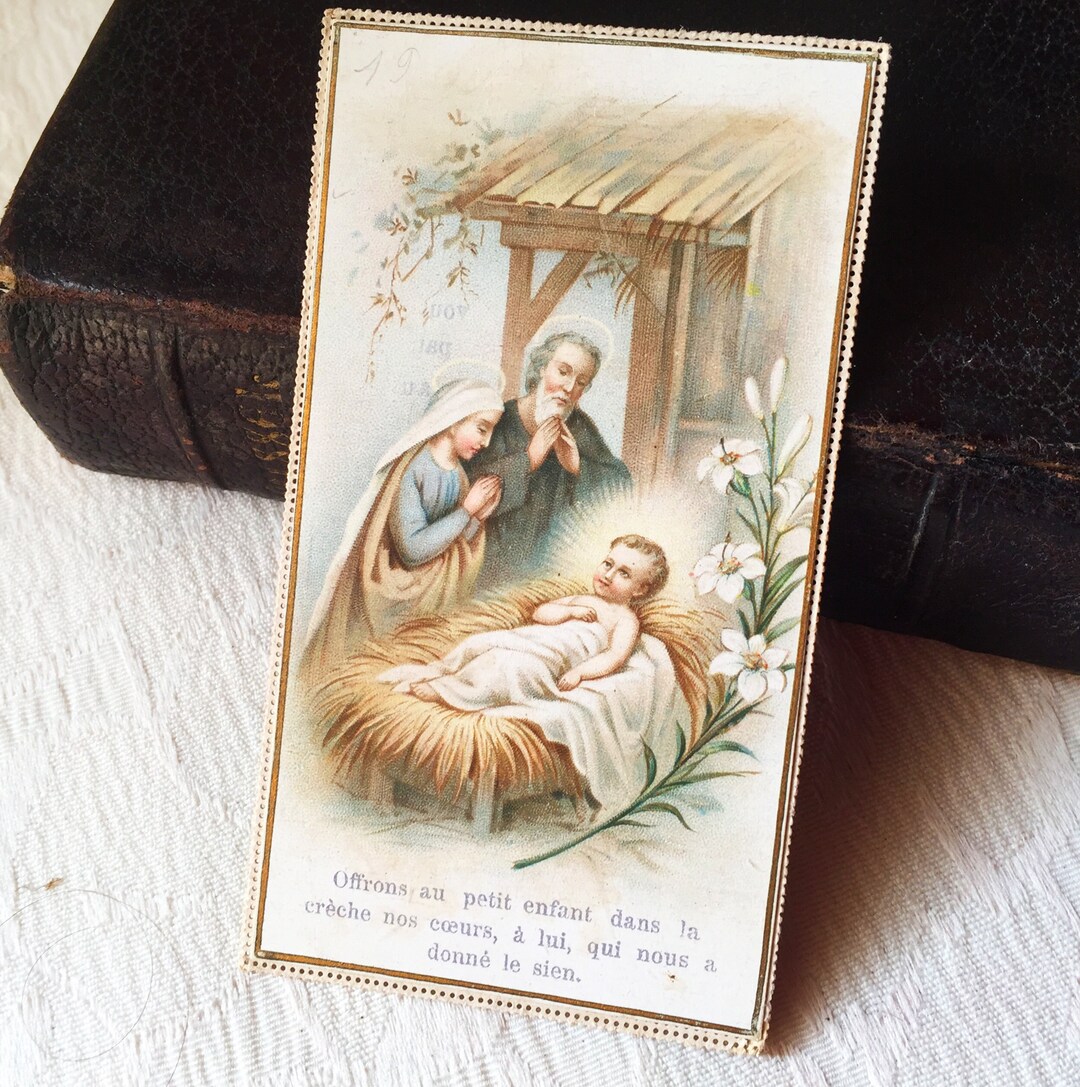 Antique French Nativity Religious Card, Christmas Holy Image Jesus in ...