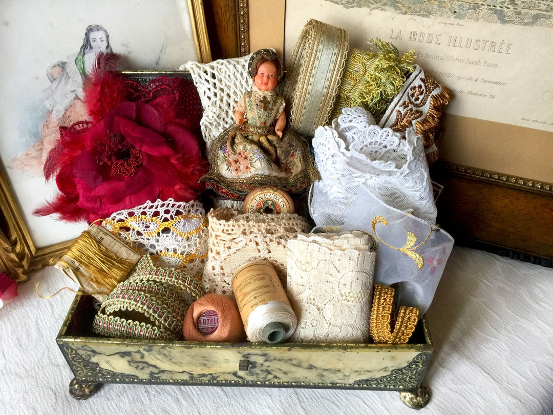 Antique French Candy Box With Old Laces and Trims, Vintage Lace ...
