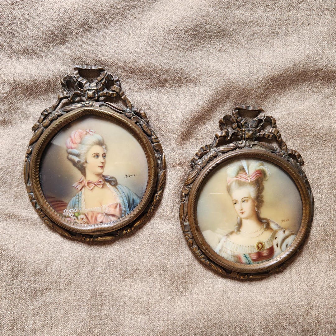 Antique 1800s Duo of French Miniature Portraits of Young Ladies Artist ...