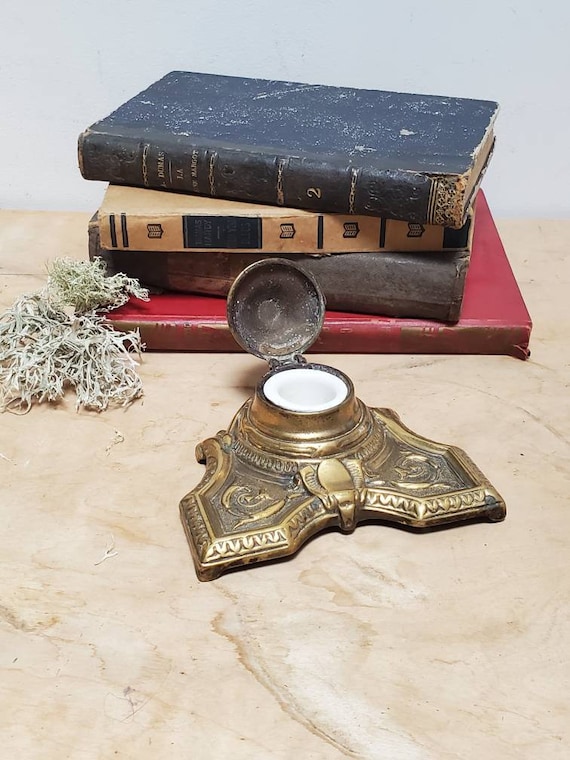 Antique Brass Art Nouveau Ink Stand With Porcelain Ink Well. - Etsy