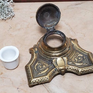 Antique Brass Art Nouveau Ink Stand With Porcelain Ink Well. 1800s ...