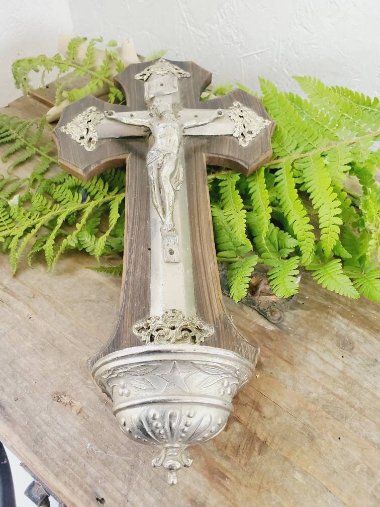 Antique French Religious Crucifix Font: Sacred Heart Benetier, Marked ...