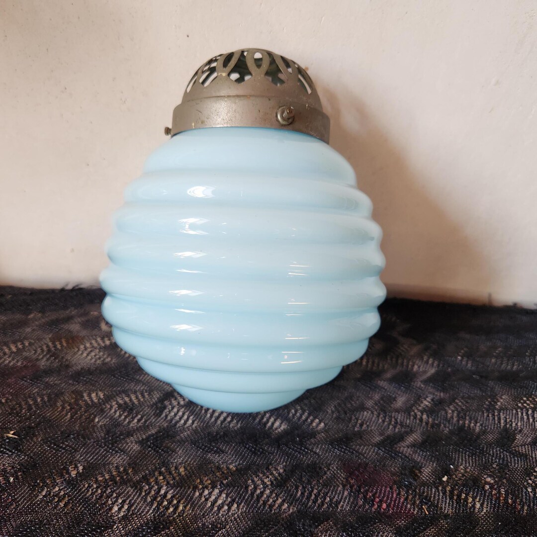 Vintage French 1930s Lamp Shade Art Deco Blue Opaline Beehive Shape ...