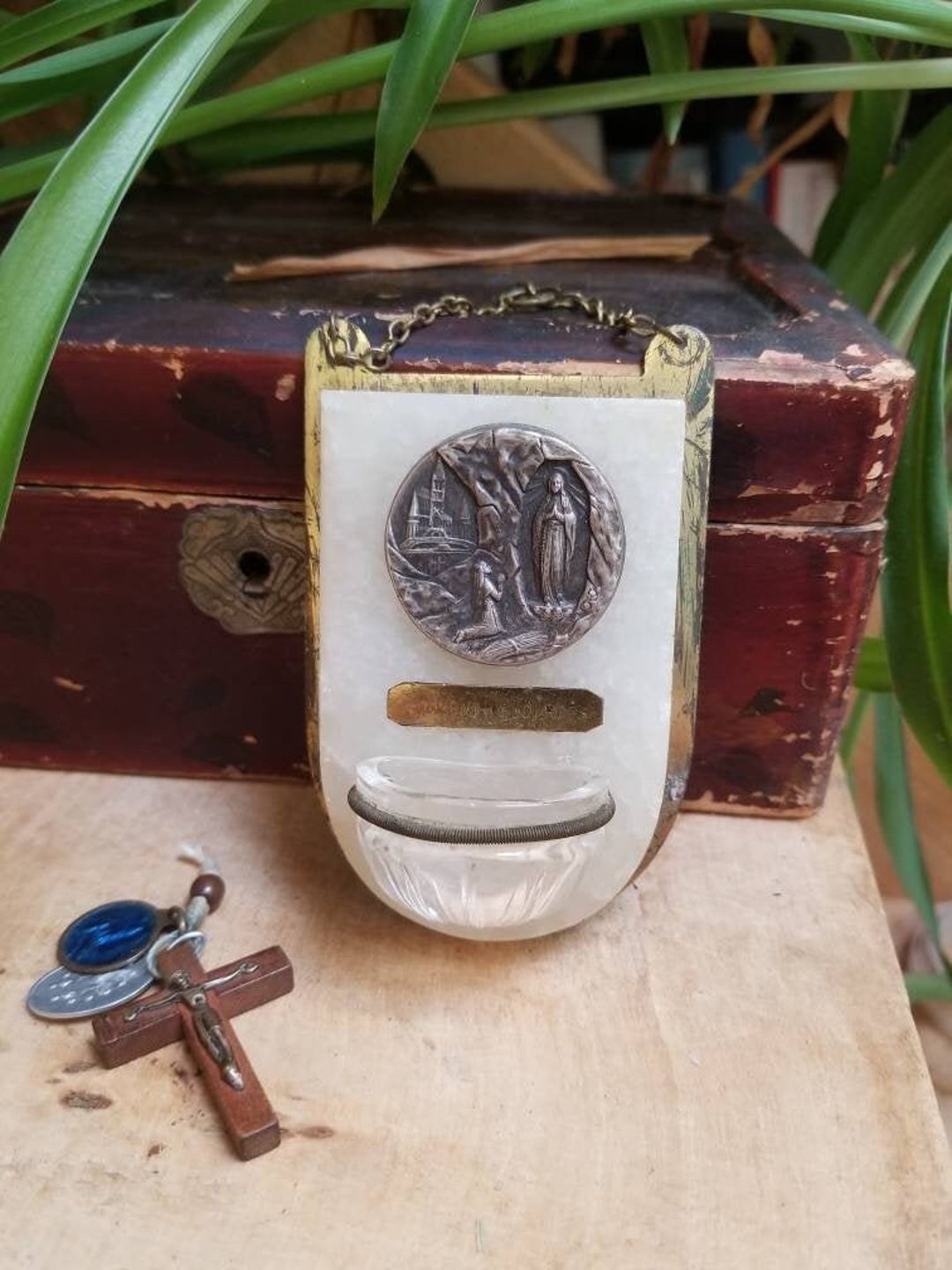 Vintage French Small Catholic Font for Doorway Hanging White Marble ...