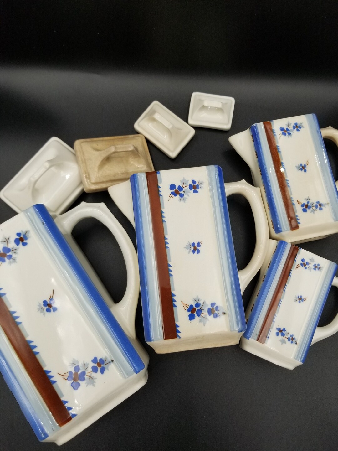 Vintage Ditmar Urbach 4 Art Deco Jugs. Blue Flowers and Stripes. Czech ...