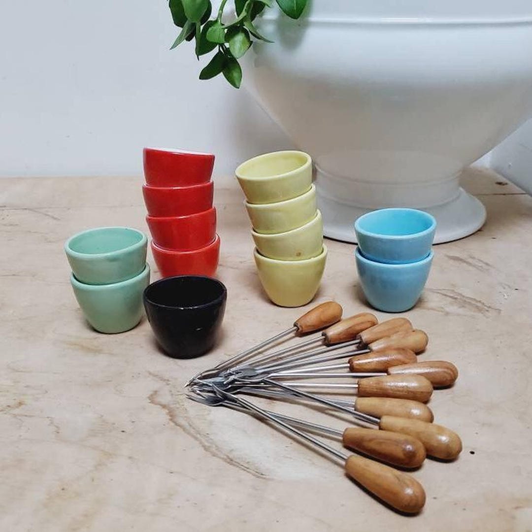 Vintage Longchamp Aperitif Bowls & Forks: Colorful Escargot Pots, Set ...