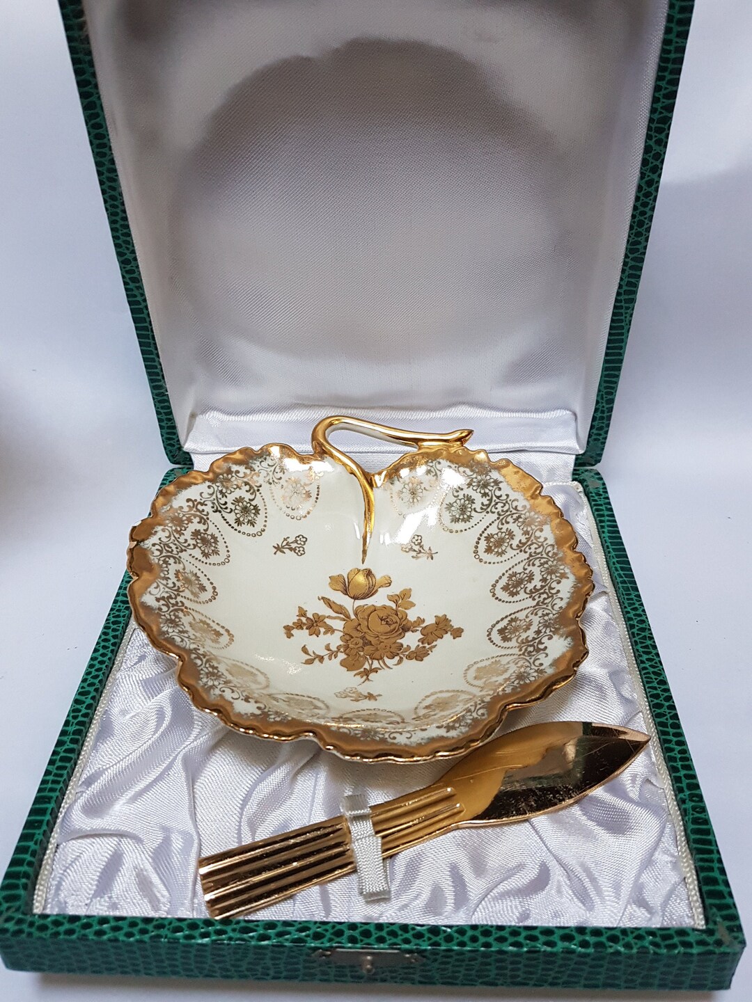 Vintage Limoges Gold Leaf Shaped Bowl Butter Dish With Knife in Box Set ...