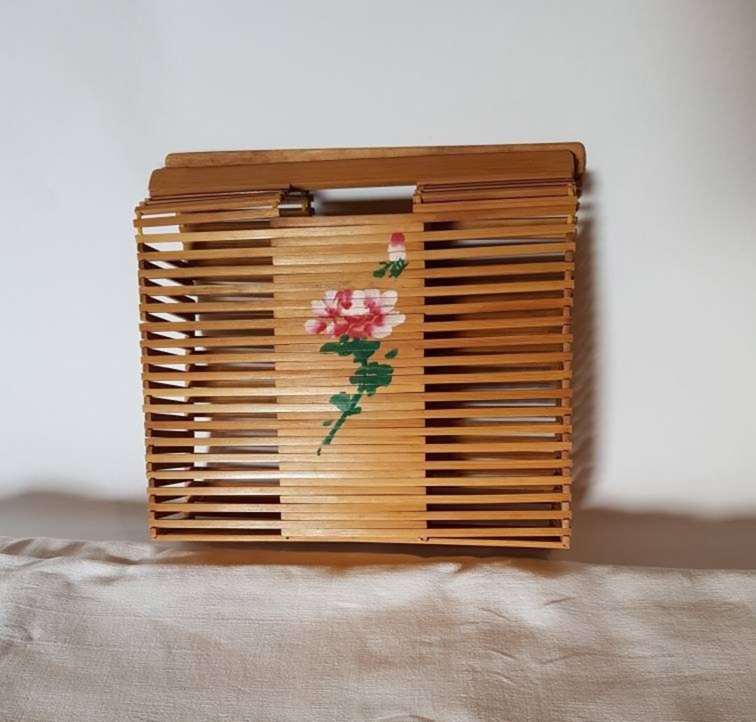 Vintage Slated Bamboo Handbag. Wood Tote Bag With Hand-painted Flowers ...