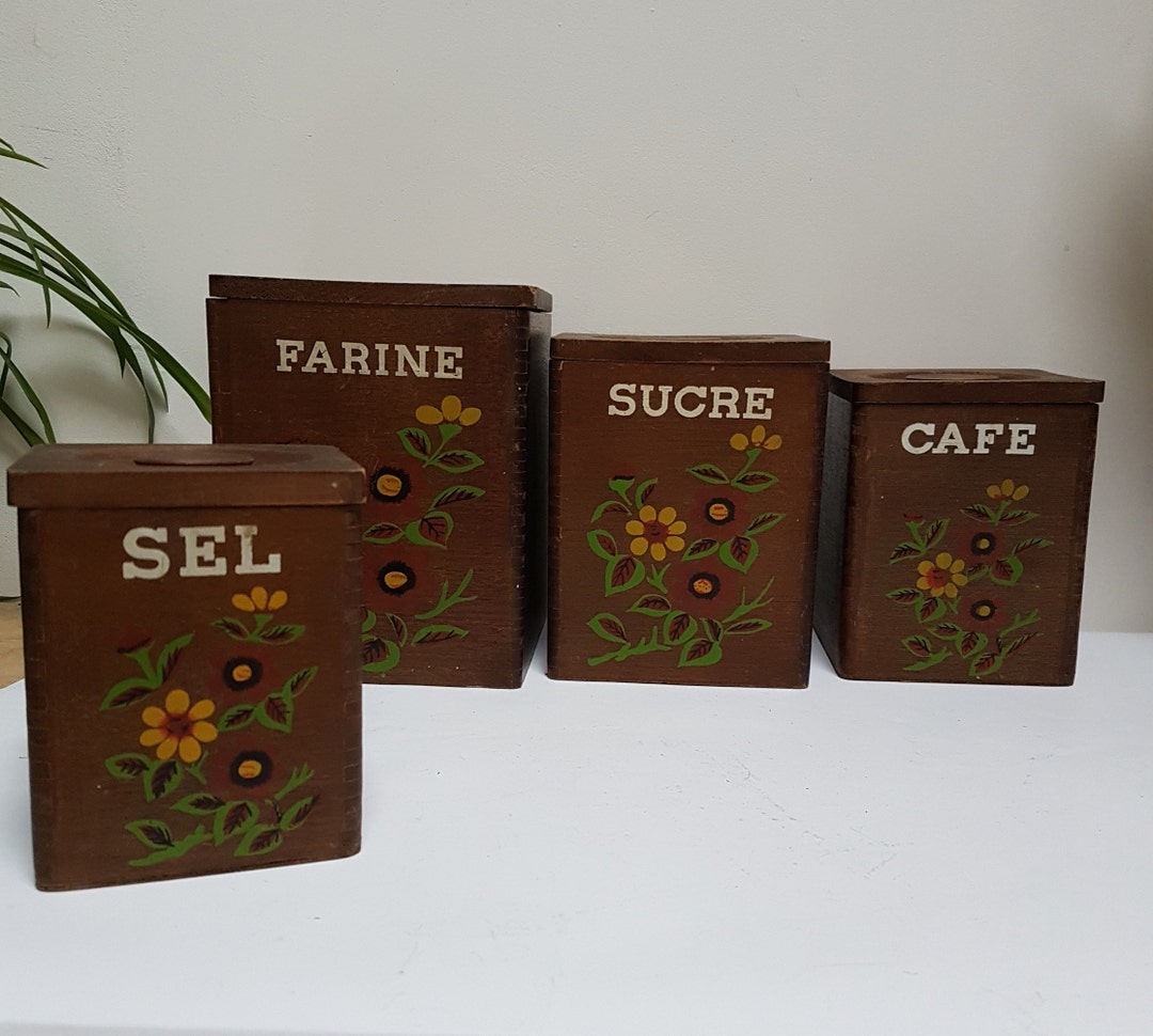 Set of 4 French Wooden Kitchen Boxes, Canisters, Storage Jars, Kitchen ...