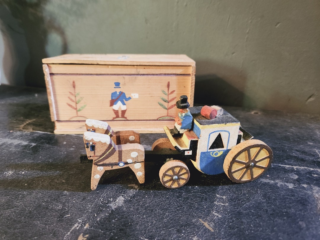 Vintage Wooden Toy Postal Carriage With Driver & Horses in Original Box ...