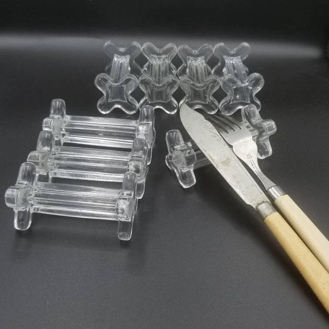 Vintage French 8x Heavy Glass Knife Rests. Pressed Glass Cutlery ...