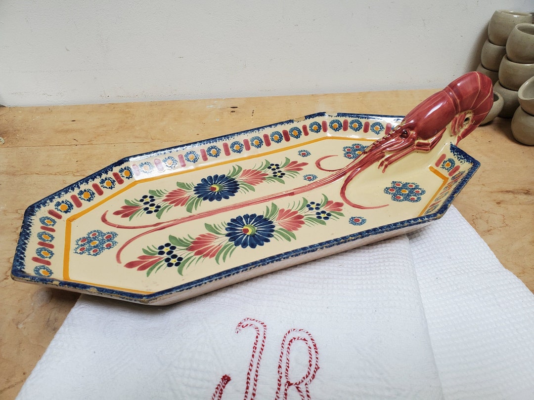 Antique Quimper Shrimp Serving Platter With Floral Detail. Prawn Dish ...