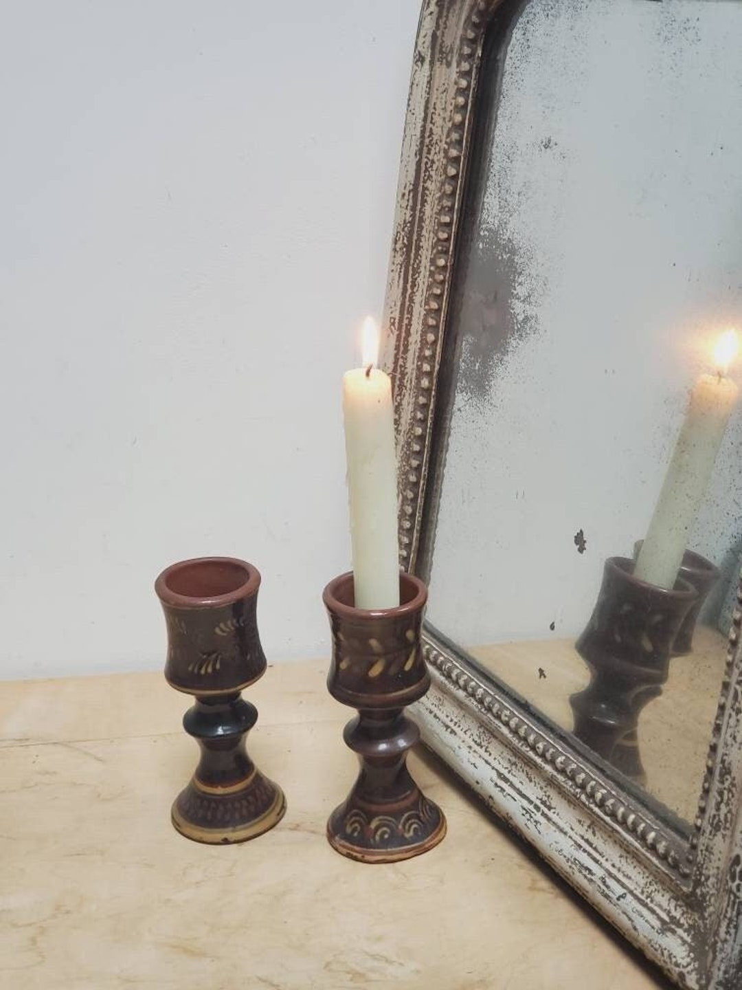 Vintage Pair of Spanish Candle Holders Glazed Terracotta. Table Top ...