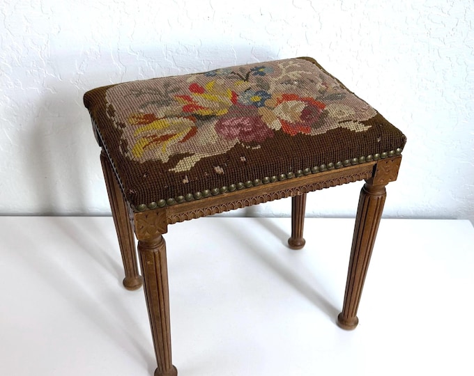Beautiful Vintage Needlepoint Flower Stool | Wood Stool - Etsy