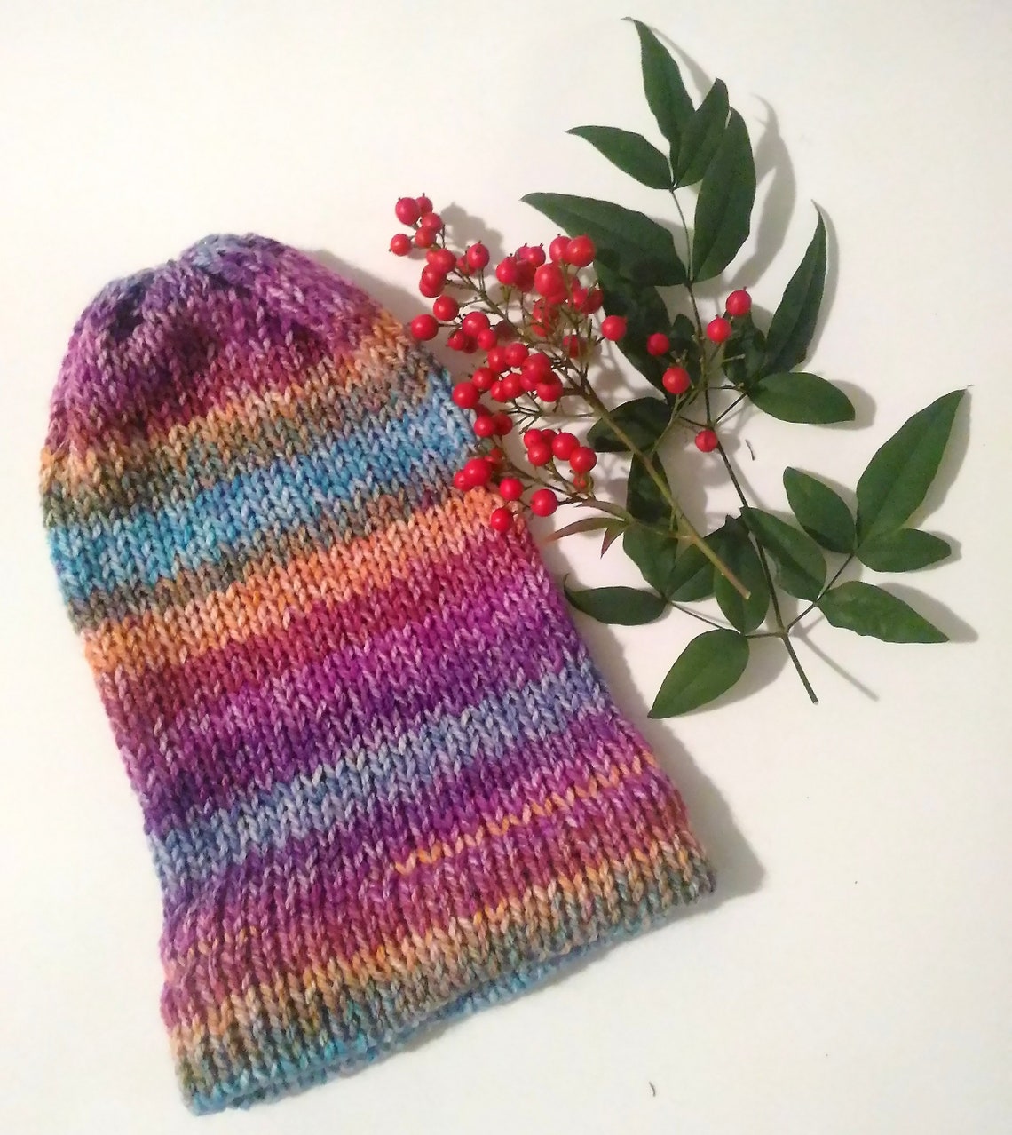 Knit Winter Woman Hat. Vegan Rainbow Knitted Beanie. Colorful Acrylic ...