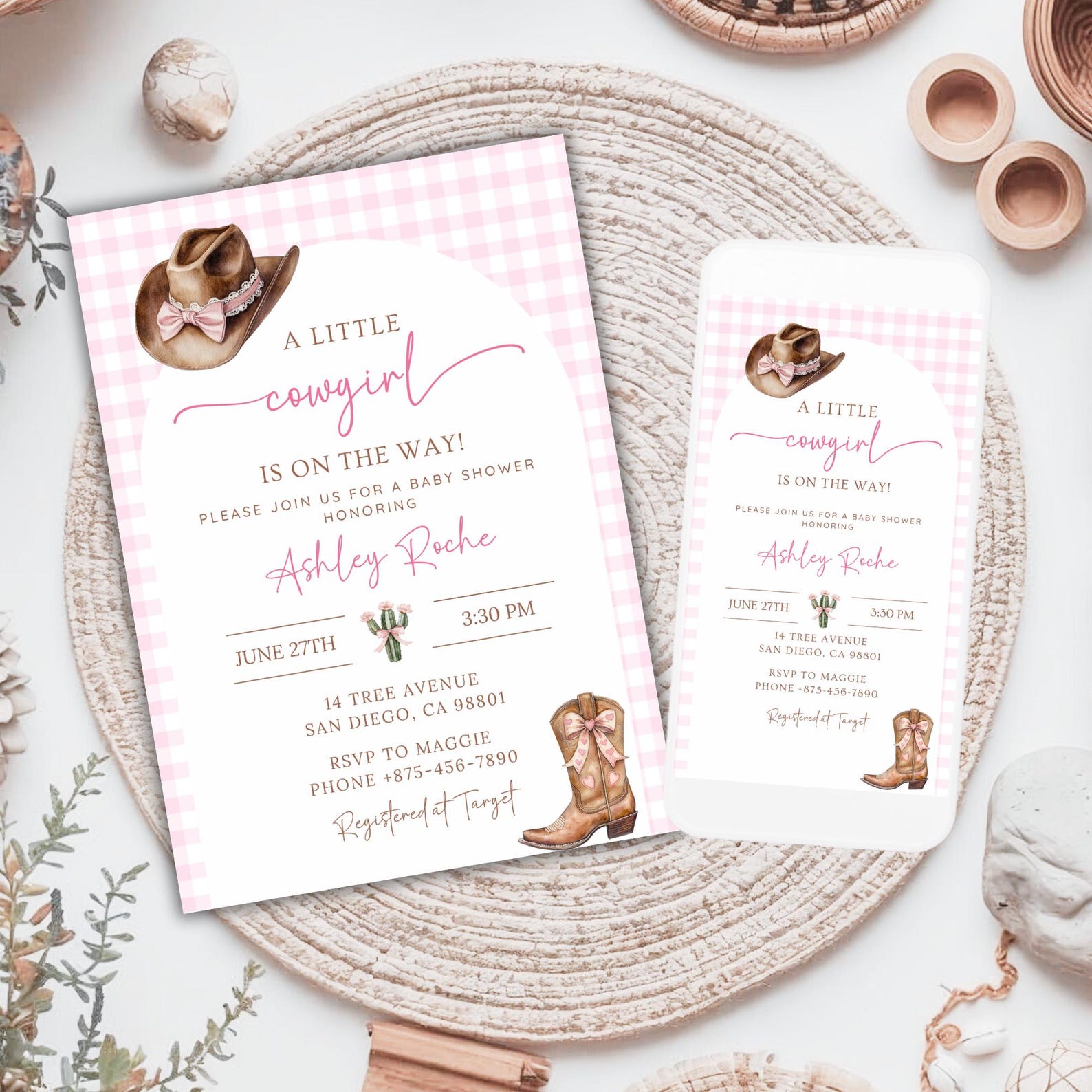 Editable Pink Cowgirl Baby Shower Invitation: Pink Gingham Canva ...