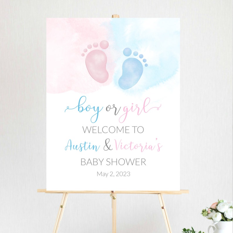 Printable Footprint Gender Reveal Welcome Sign Blue and Pink - Etsy