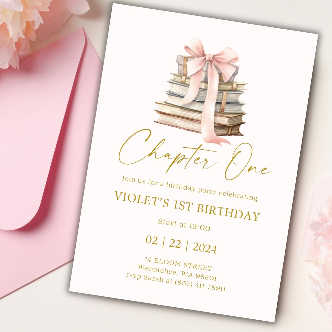 Storybook Birthday Invitation Pink Bow Chapter One Book Themed Birthday ...